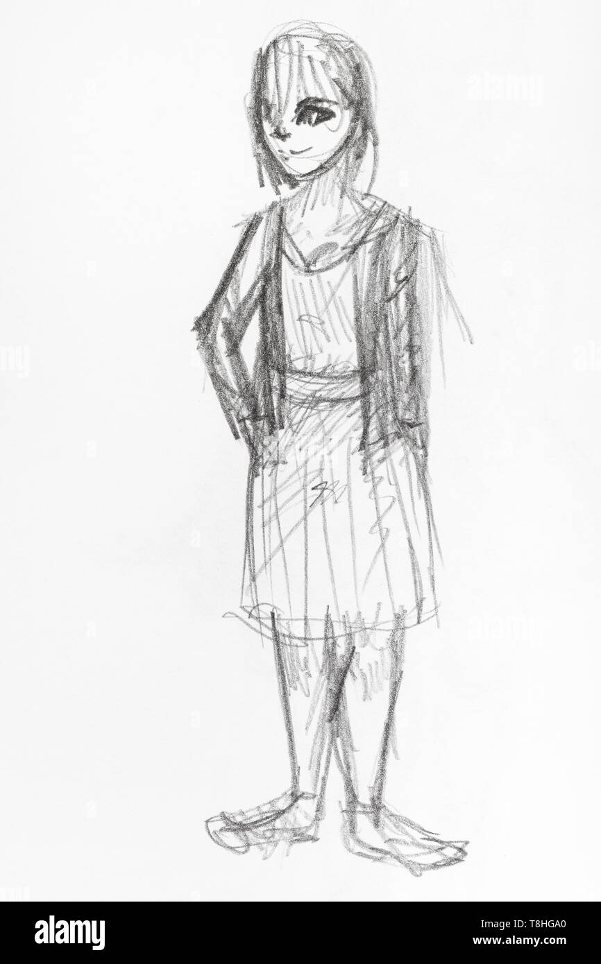 sketch of happy teenager in ragged clothes hand-drawn by black pencil ...