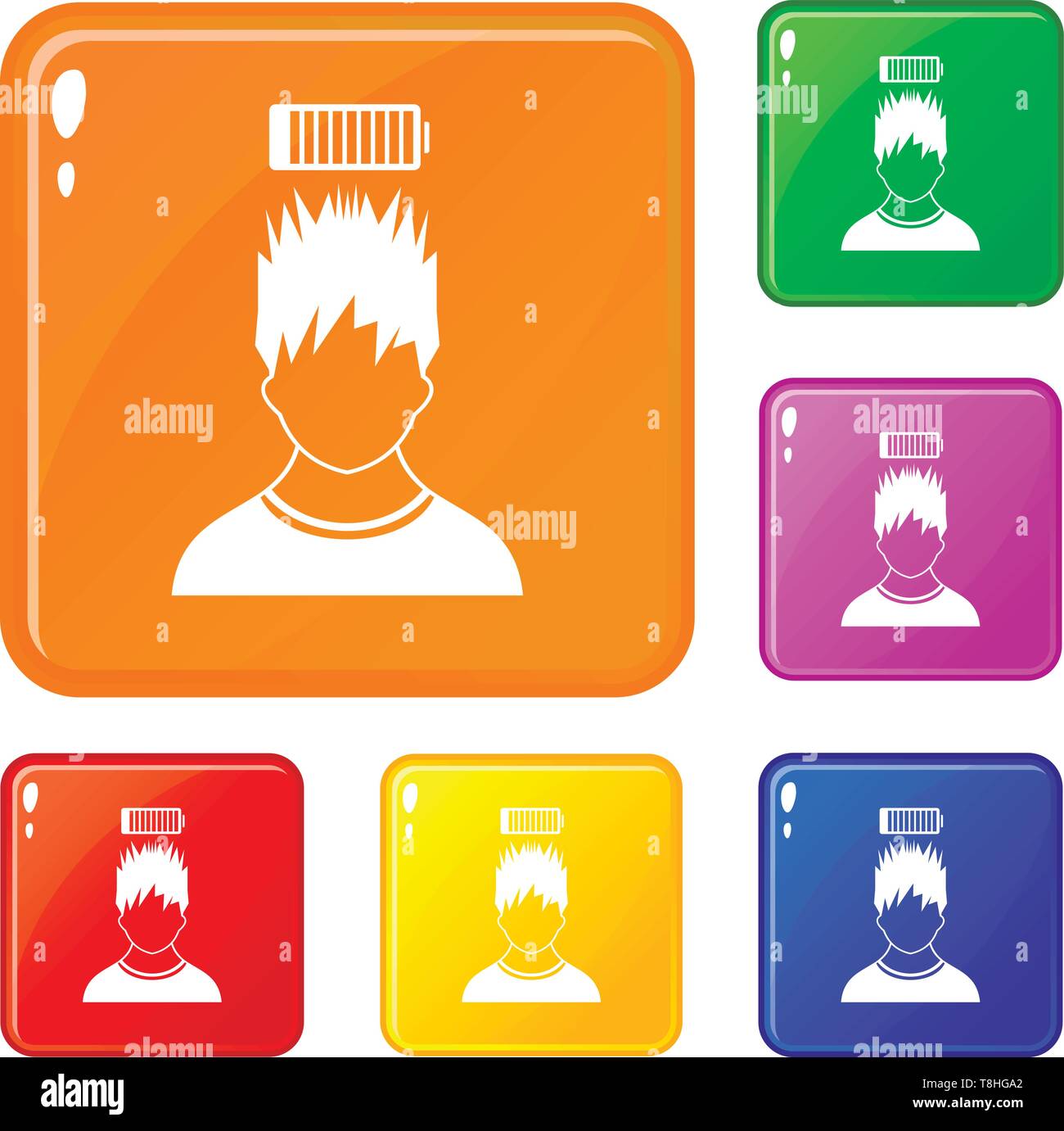 Man with low battery over head icons set vector color Stock Vector ...