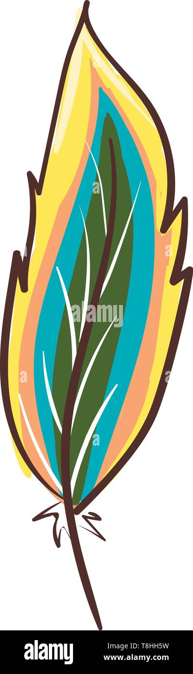 A beautiful feather with four colors; yellow, orange, blue, green ...