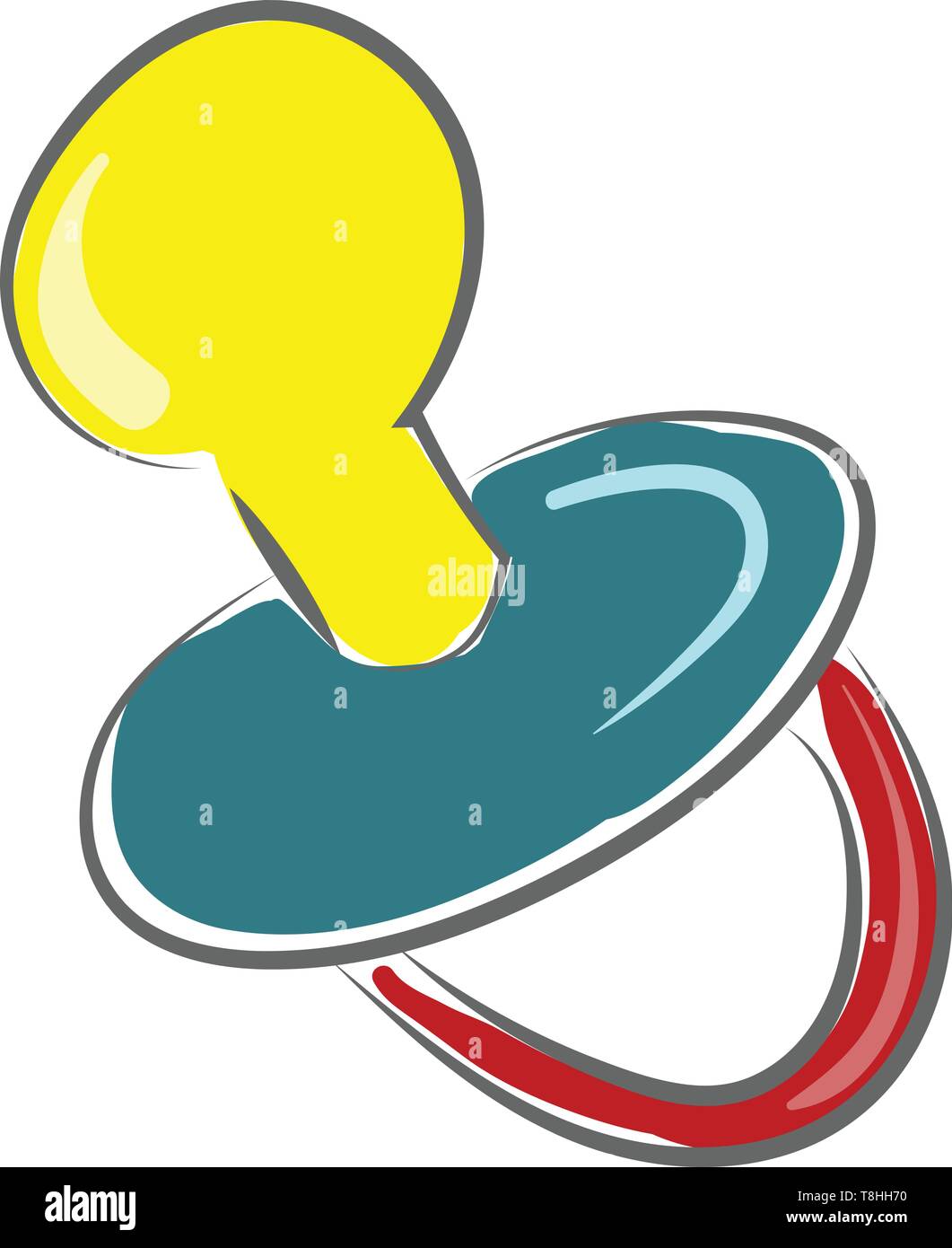A cute little baby's pacifier with a yellow nipple and a red ring ...