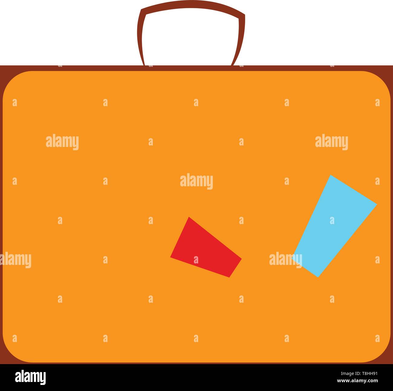 A large orange suitcase with a handle and two stickers on it, vector ...