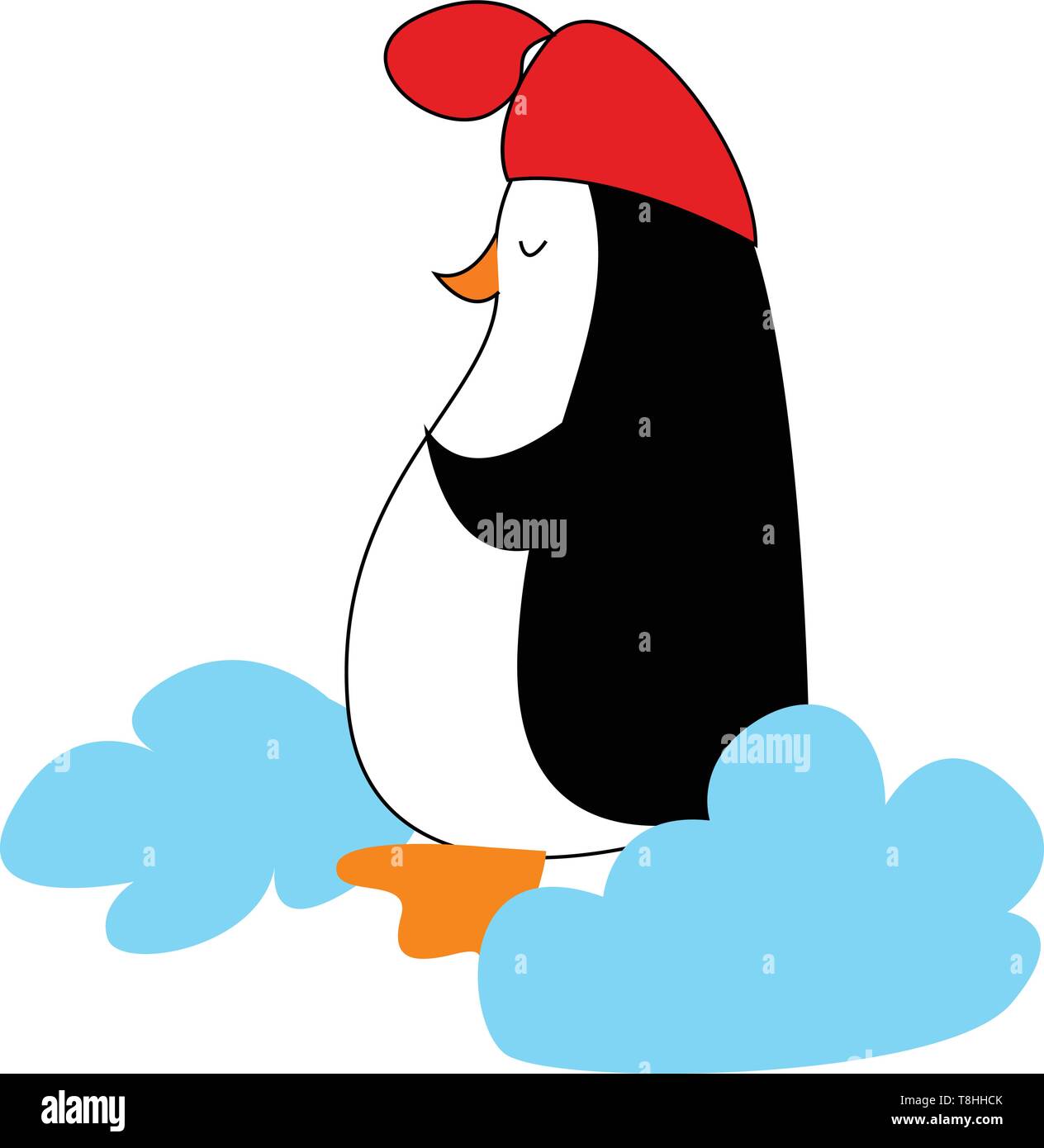 A cute little penguin chilling with a red hat, vector, color drawing or ...