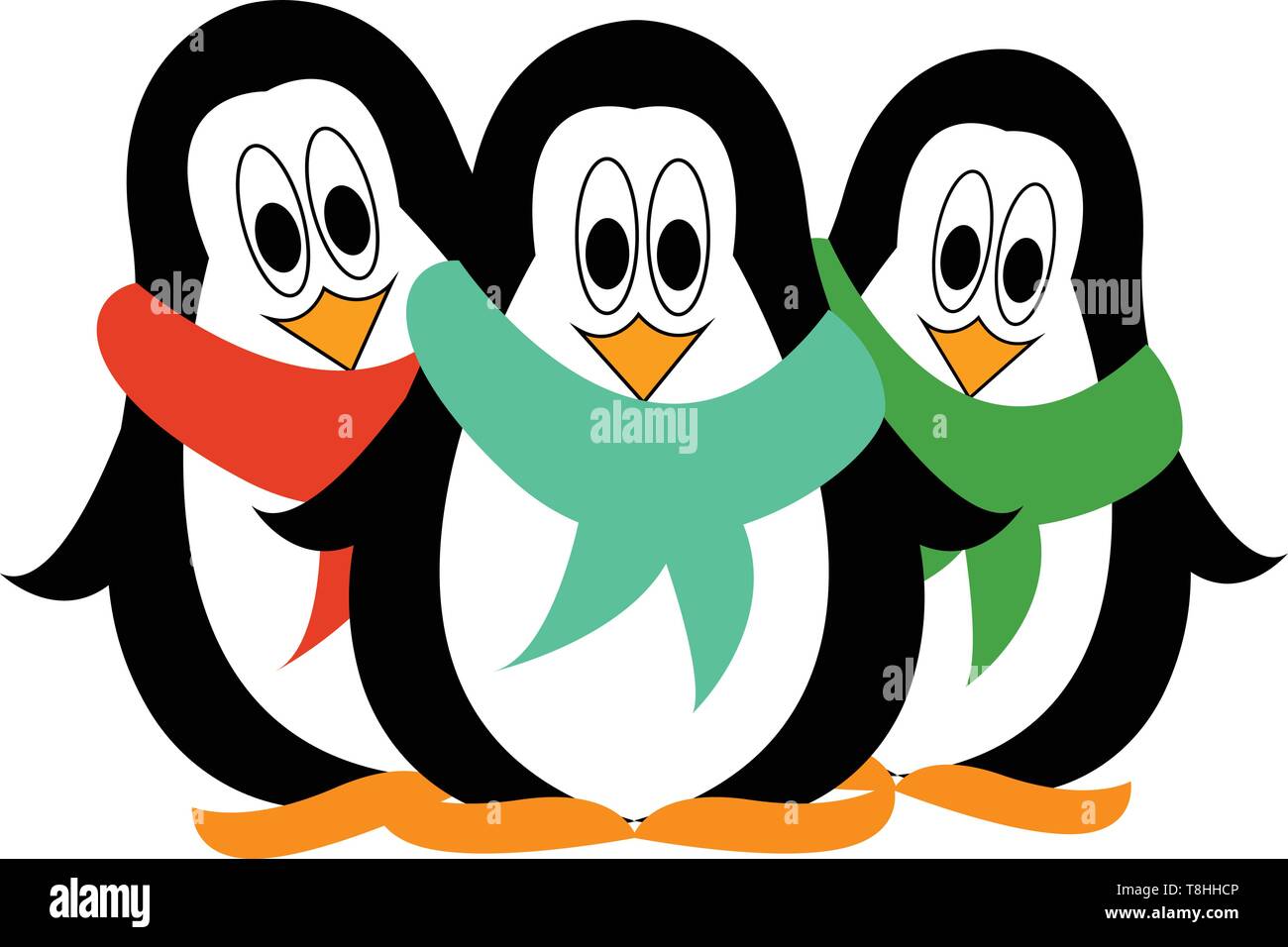Three little penguins with scarves; red, blue, and green, vector, color ...