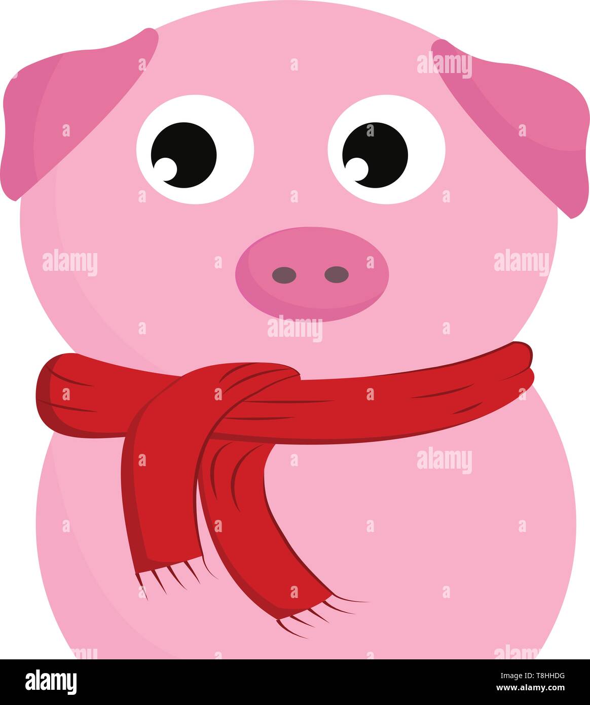 A cute pink pig wearing a red scarf, vector, color drawing or ...