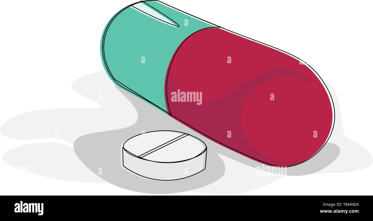 An illustration of a blue and red capsule beside a white pill, vector ...