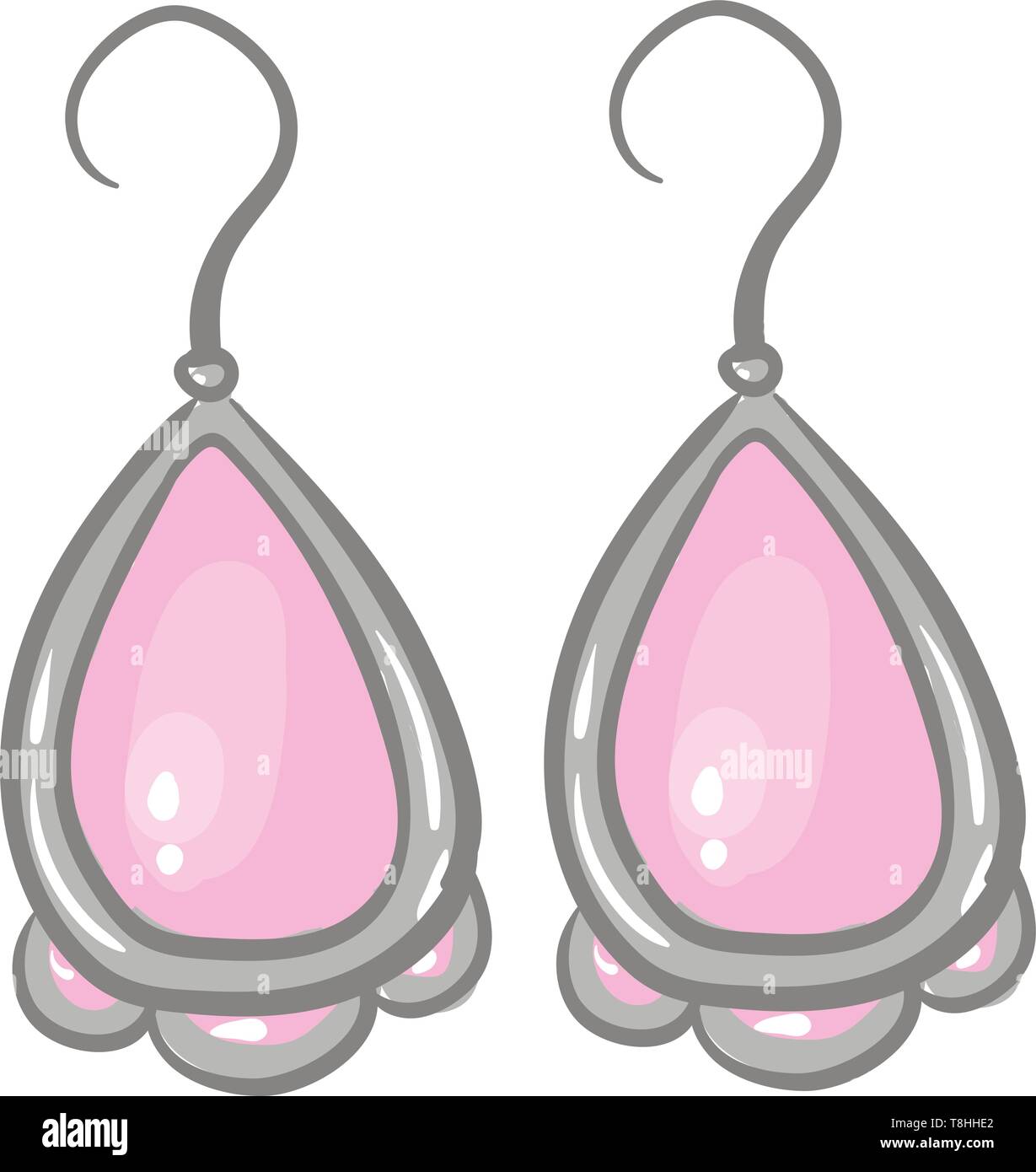 Two silver earrings with pink stones, vector, color drawing or ...