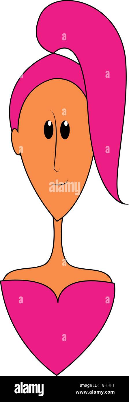 A girl with a long head and long neck with pink hair and ponytail ...