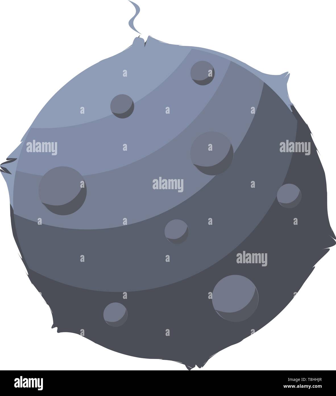 A dark gray planet with craters and smoke, vector, color drawing or ...
