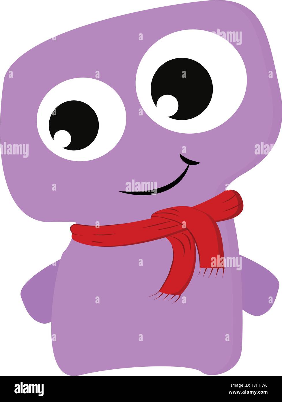 A cute purple monster with a square shaped head wearing a red scarf ...