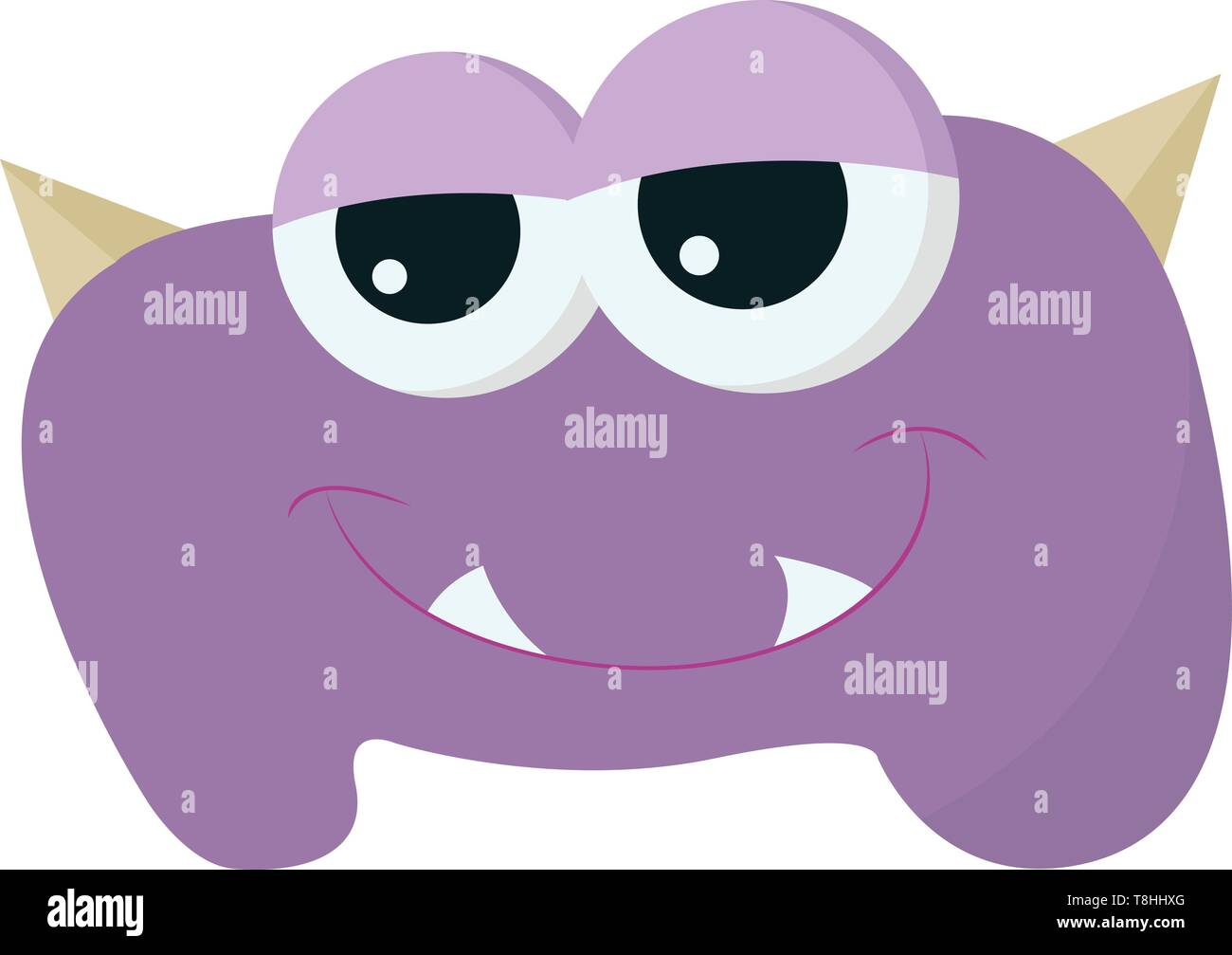 A happy monster with horns smiling with fangs sticking out, vector ...