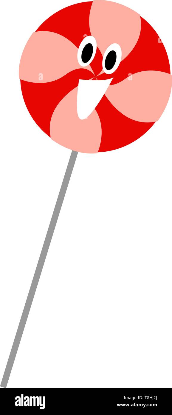 A red smiling lollipop on a very long stick, vector, color drawing or ...