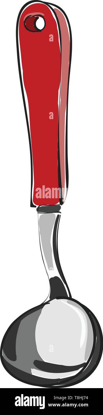A silver spoon with a red handle, vector, color drawing or illustration ...