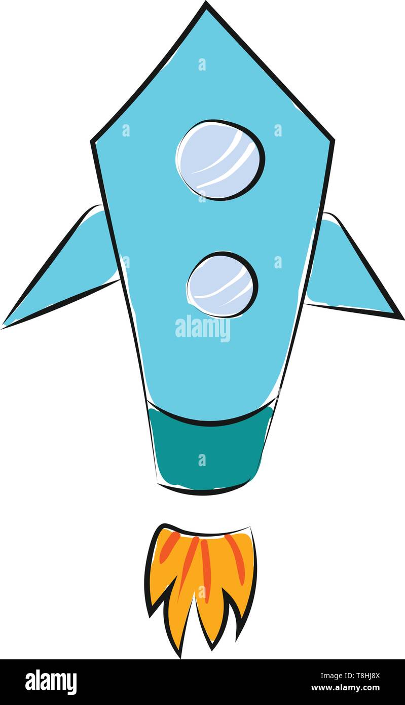 A dark blue rocket with three windows thrusting, vector, color drawing ...