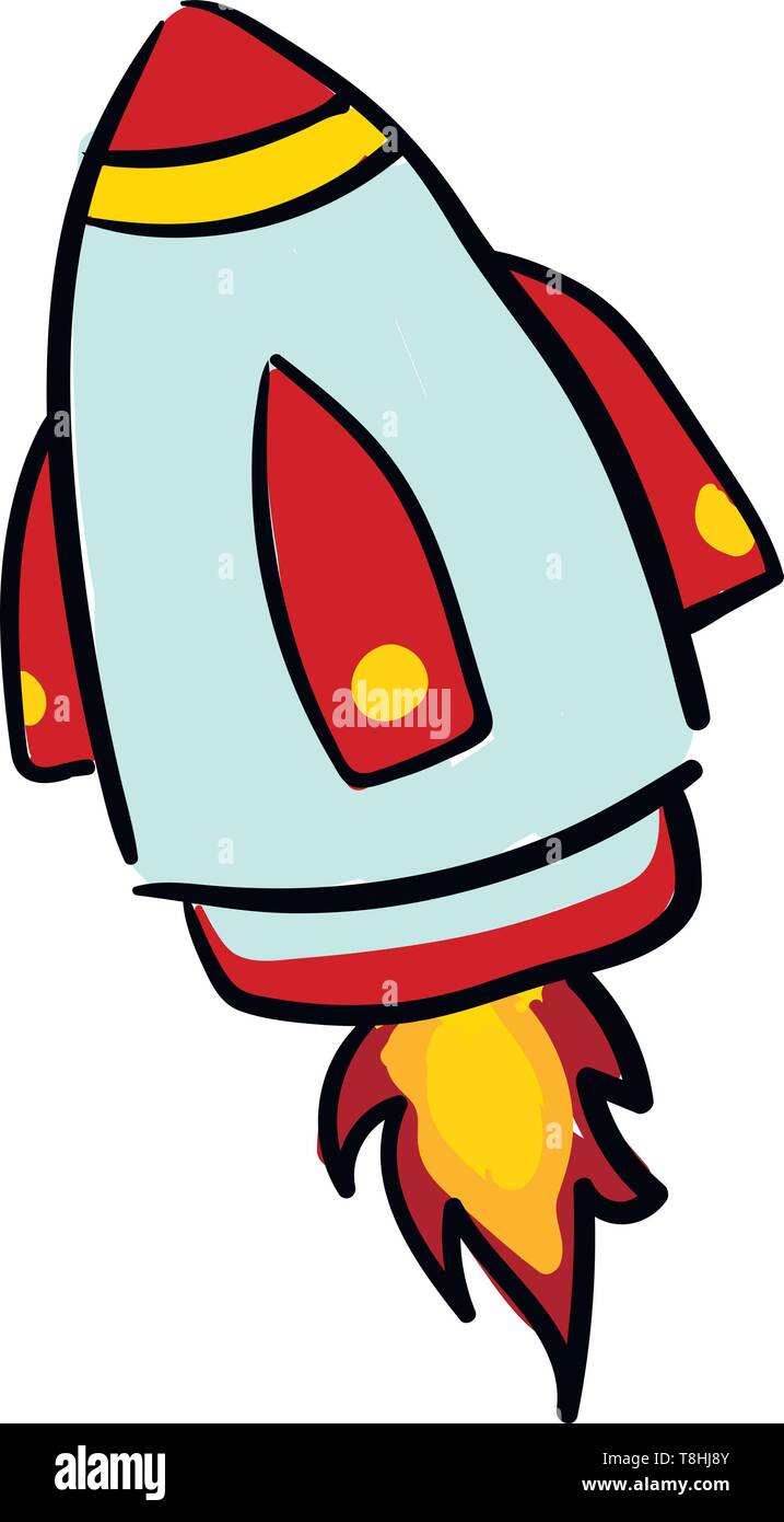 A light blue rocket with two windows and blue fins blasting off, vector ...