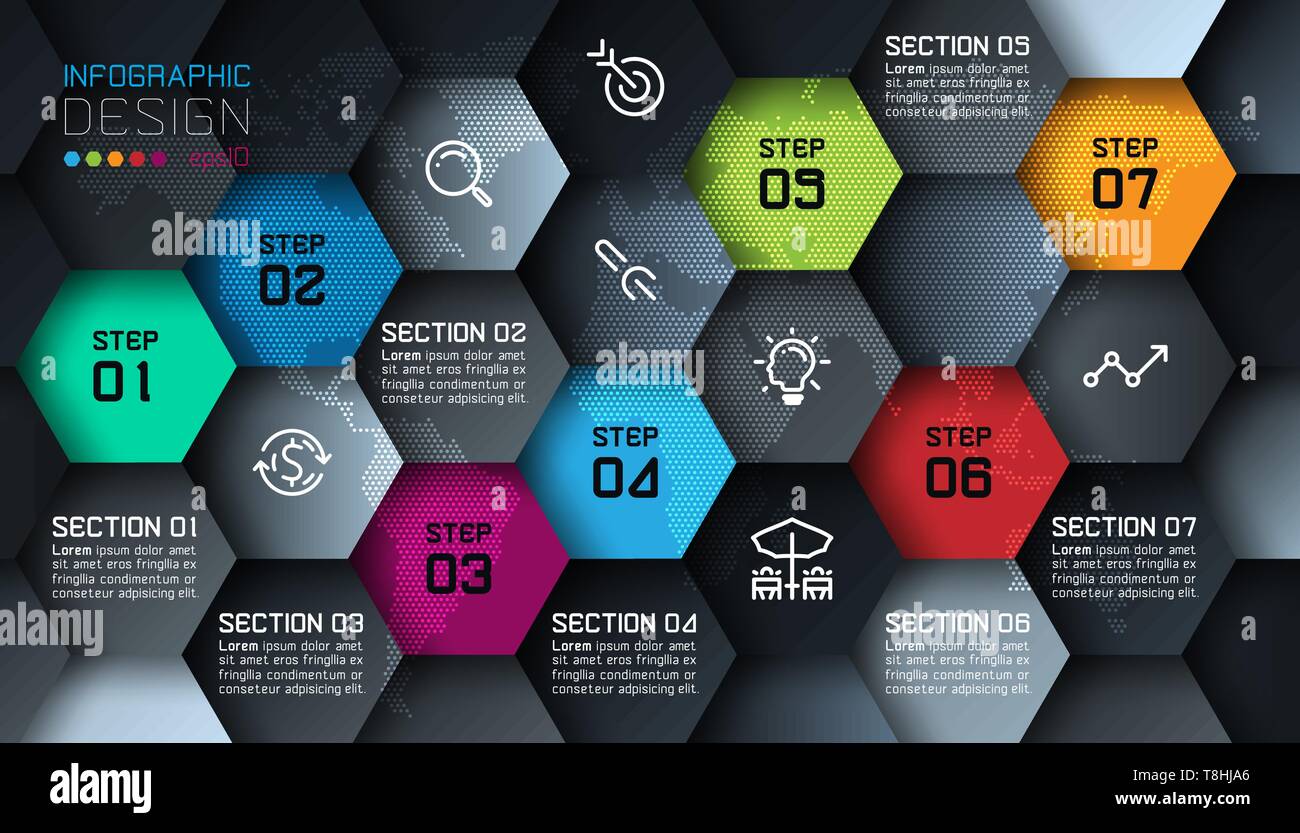 Business hexagon net labels shape infographic with dark background ...