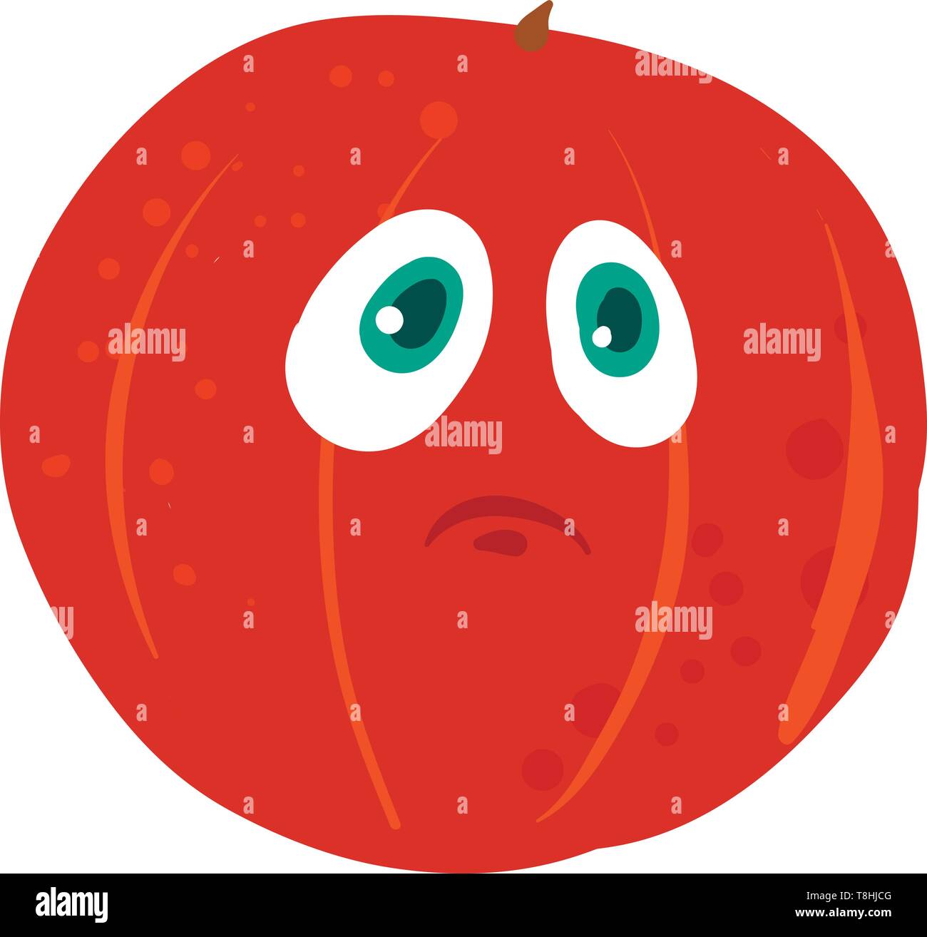 A red sad grapefruit with green eyes, vector, color drawing or ...