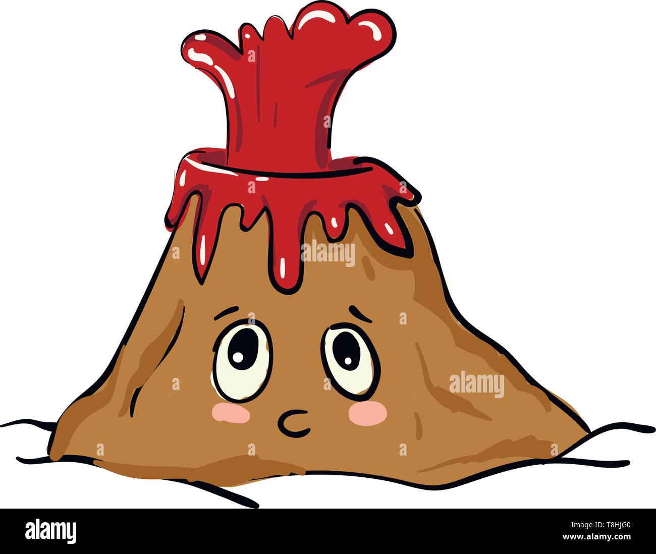 A scared erupting brown volcano with red lava spraying out of it's ...