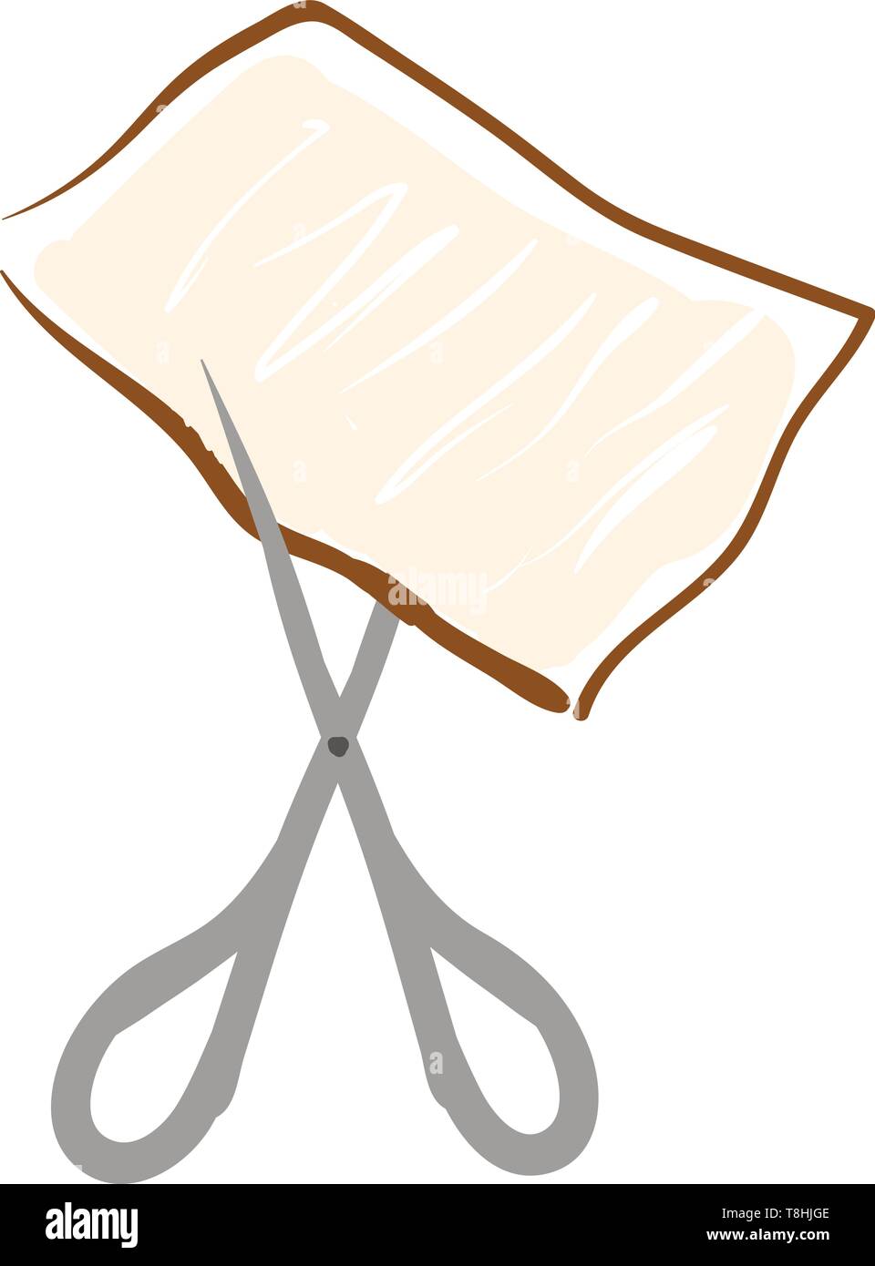 A pair of silver scissors cutting through white paper, vector, color ...