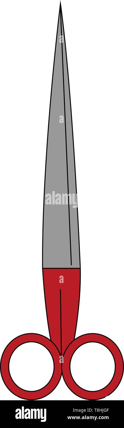 A pair of long closed scissors with red handles, vector, color drawing ...
