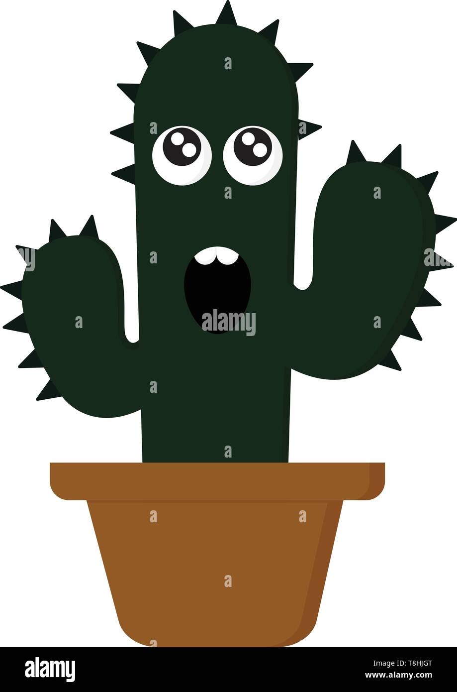 A dark green cactus in a brown pot screaming, vector, color drawing or ...