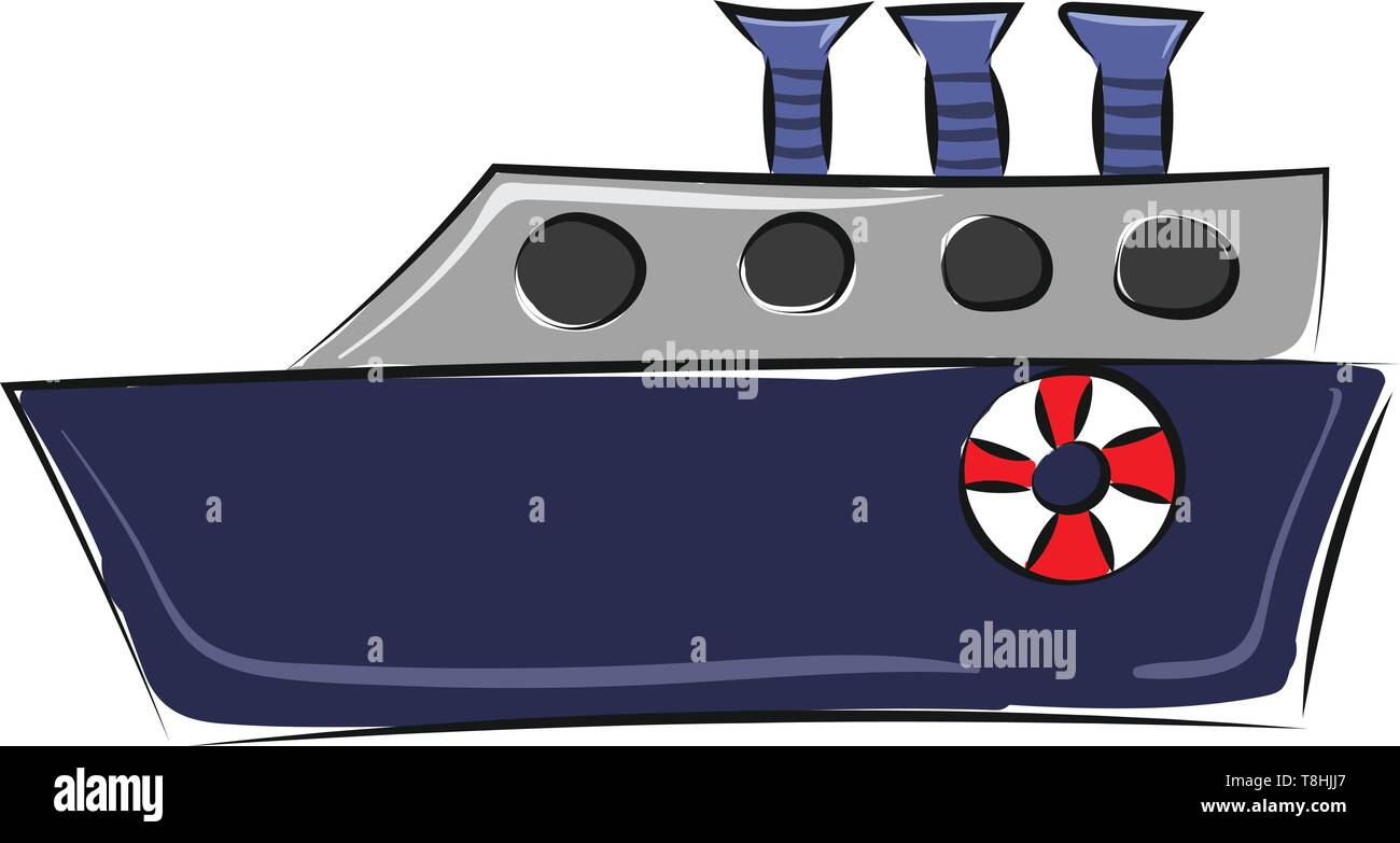 A dark blue ship with a red and white lifebuoy, vector, color drawing ...