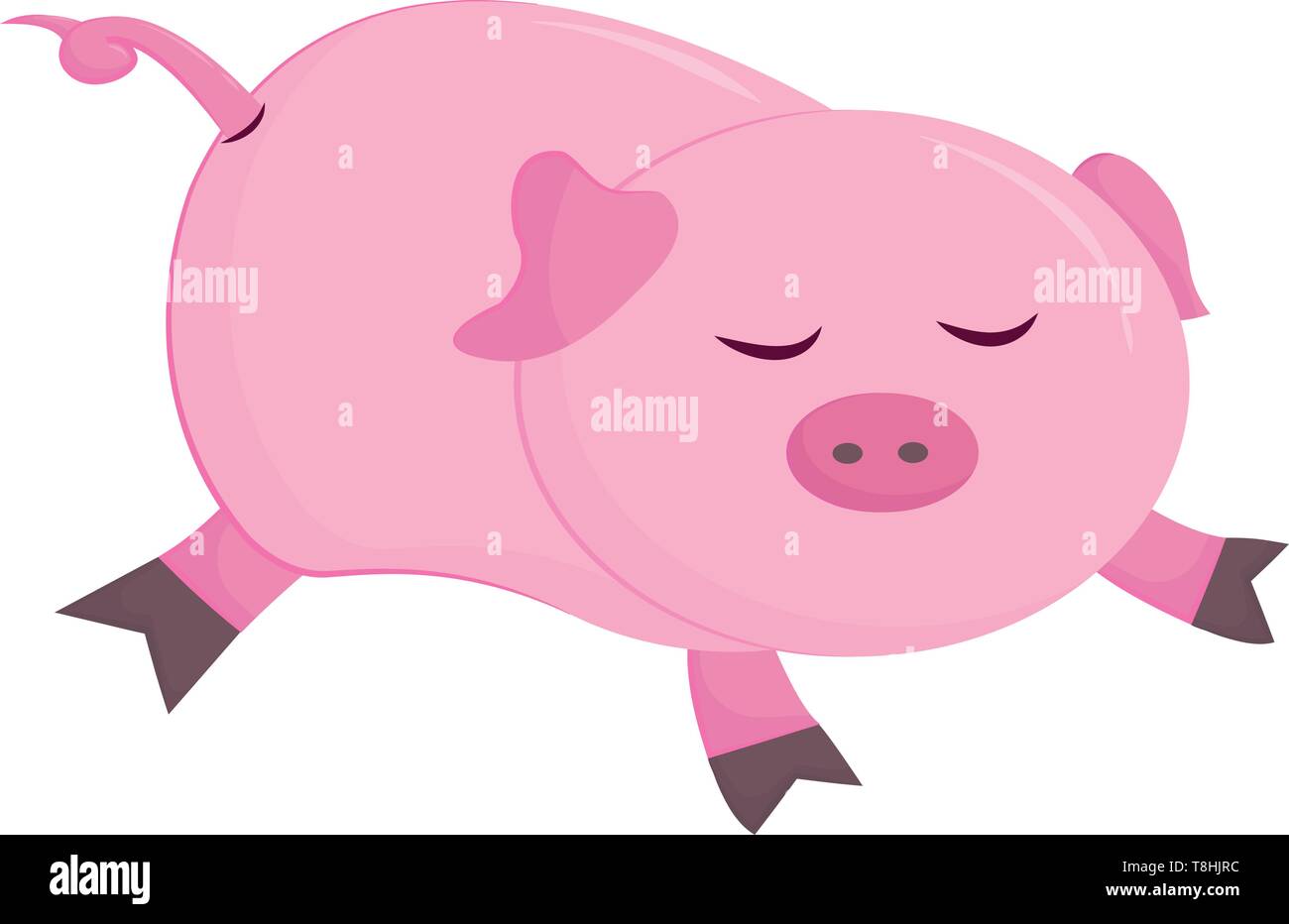 Cute little cartoon piggie has a short tail, and ears, black claws and ...