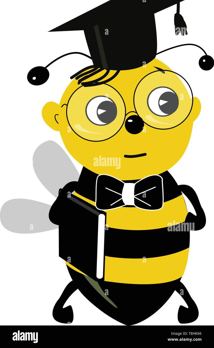 A cute graduated student bee wearing a black bowtie in the neck, tassel ...