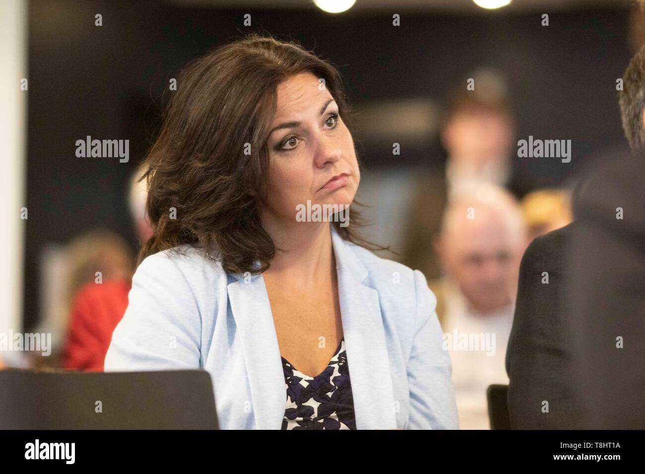 Cardiff, Wales, UK. May 13th 2019. Party leader Heidi Allen watches on ...