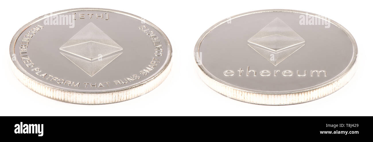 Golden ethereum isolated on white background. Front and back sides are ...