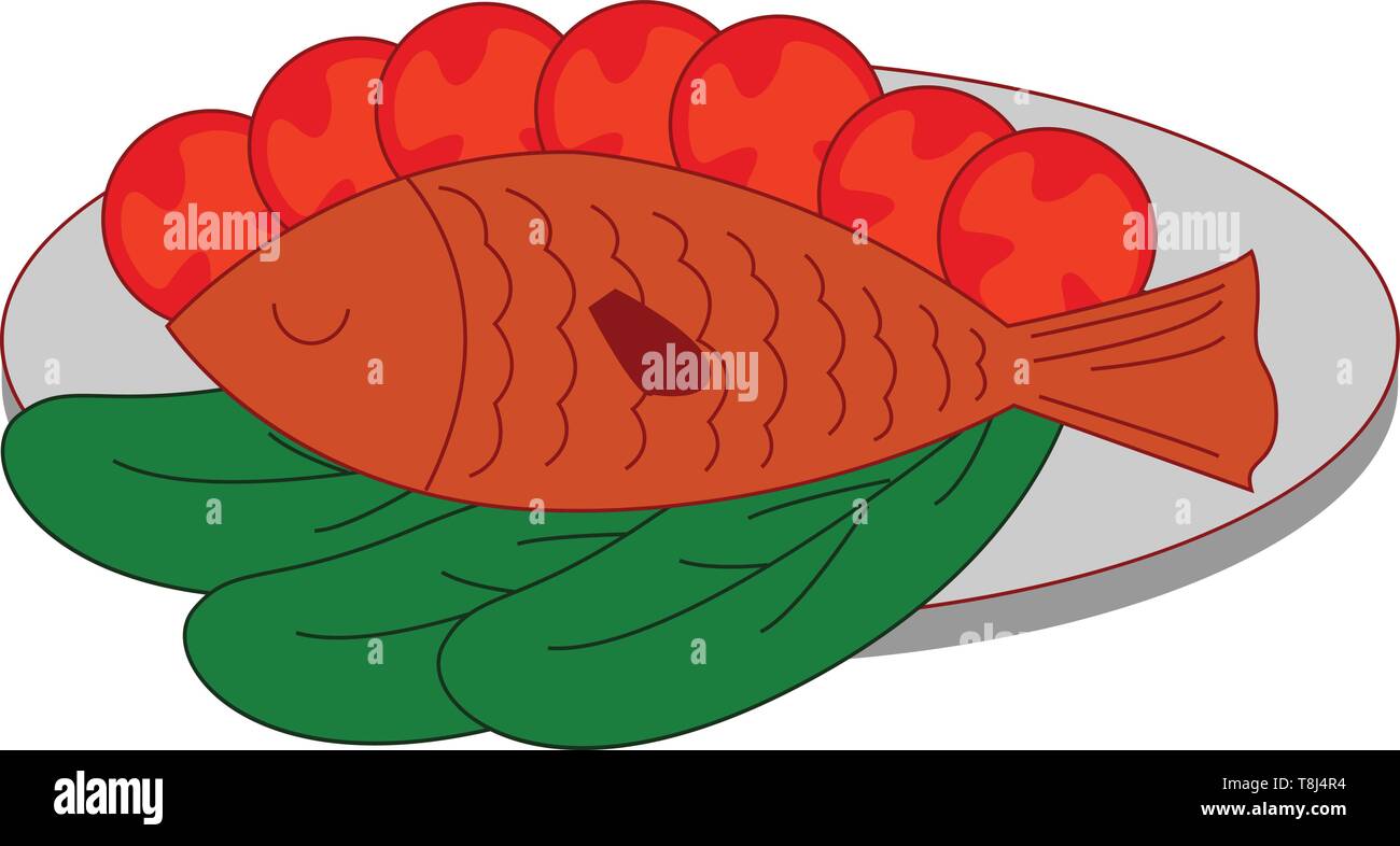 A plate of fried fish with vegetables which looks yummy , vector, color ...