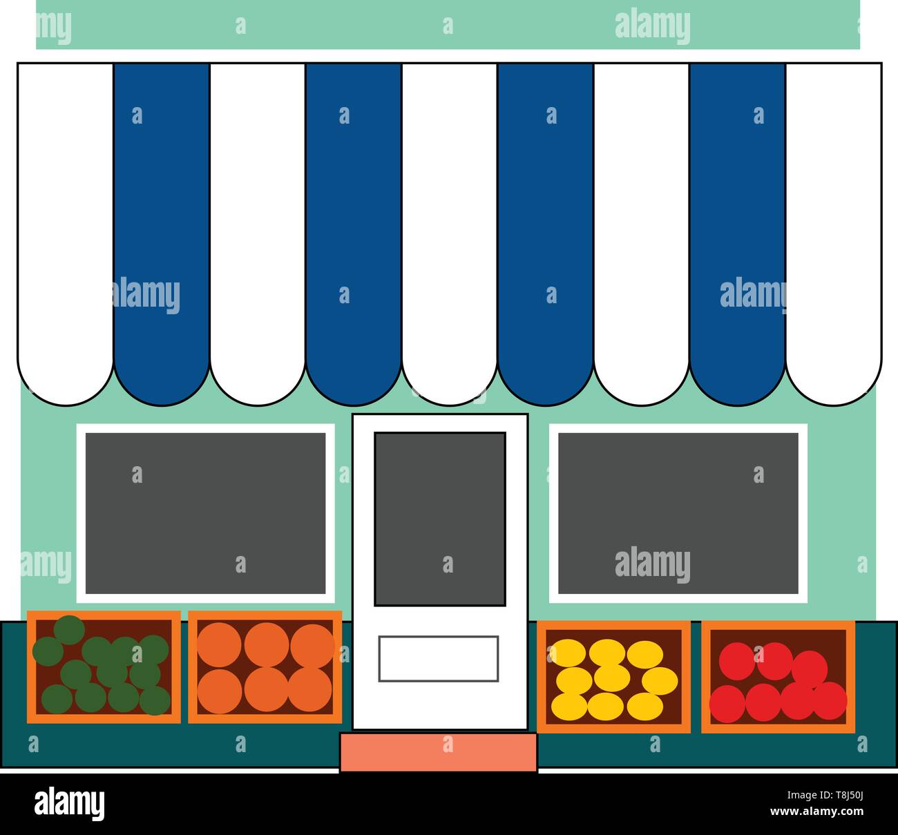 A fruit shop with lot of fresh fruits arranged in front , vector, color ...