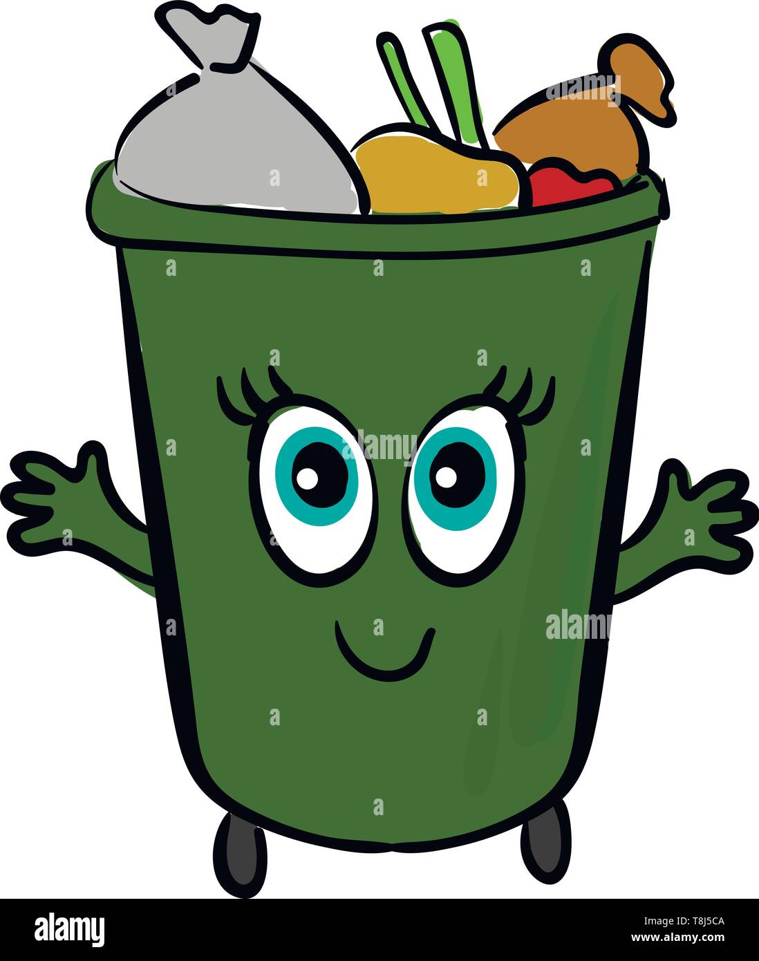 A green big garbage which is filled with waste , vector, color drawing ...