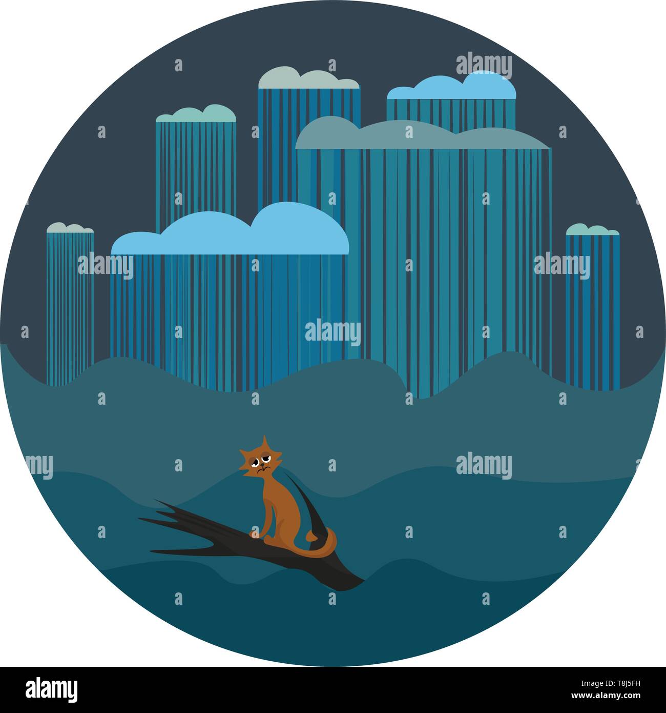 An orange cat sitting on a wooden bark floating on the flood water ...