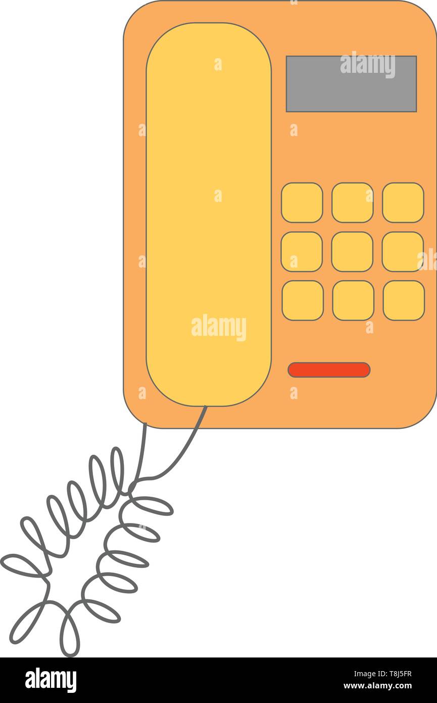 An orange wired landline telephone with connection , vector, color ...
