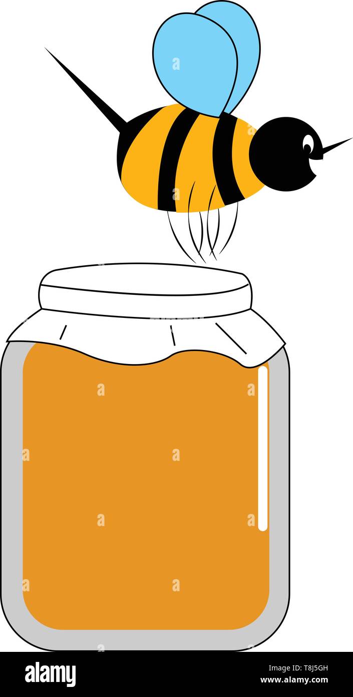 A honey bee flying over a honey jar which is pure and taken from the ...