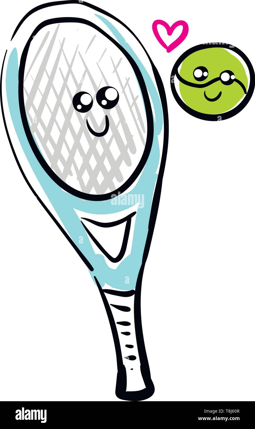 A green tennis ball and blue racket have lovely smiling faces and are ...