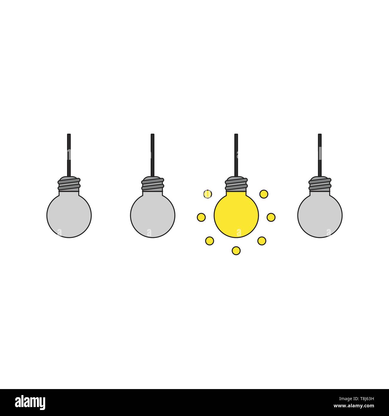 Vector icon concept of three grey light bulbs and one glowing light ...