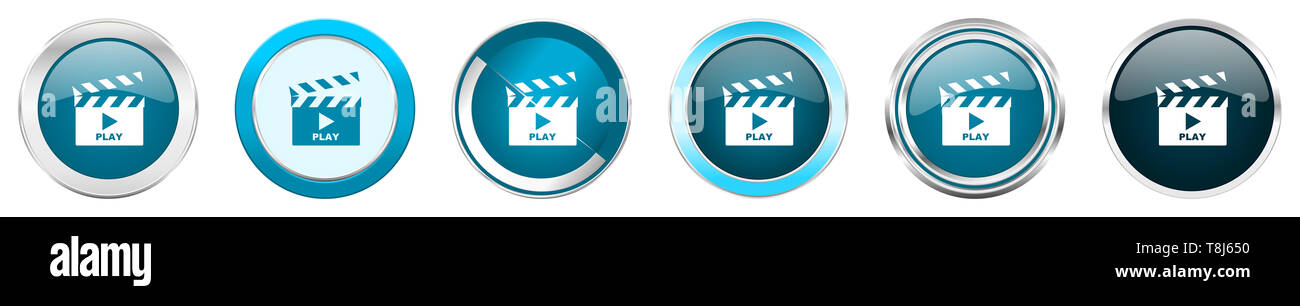 Video silver metallic chrome border icons in 6 options, set of web blue ...