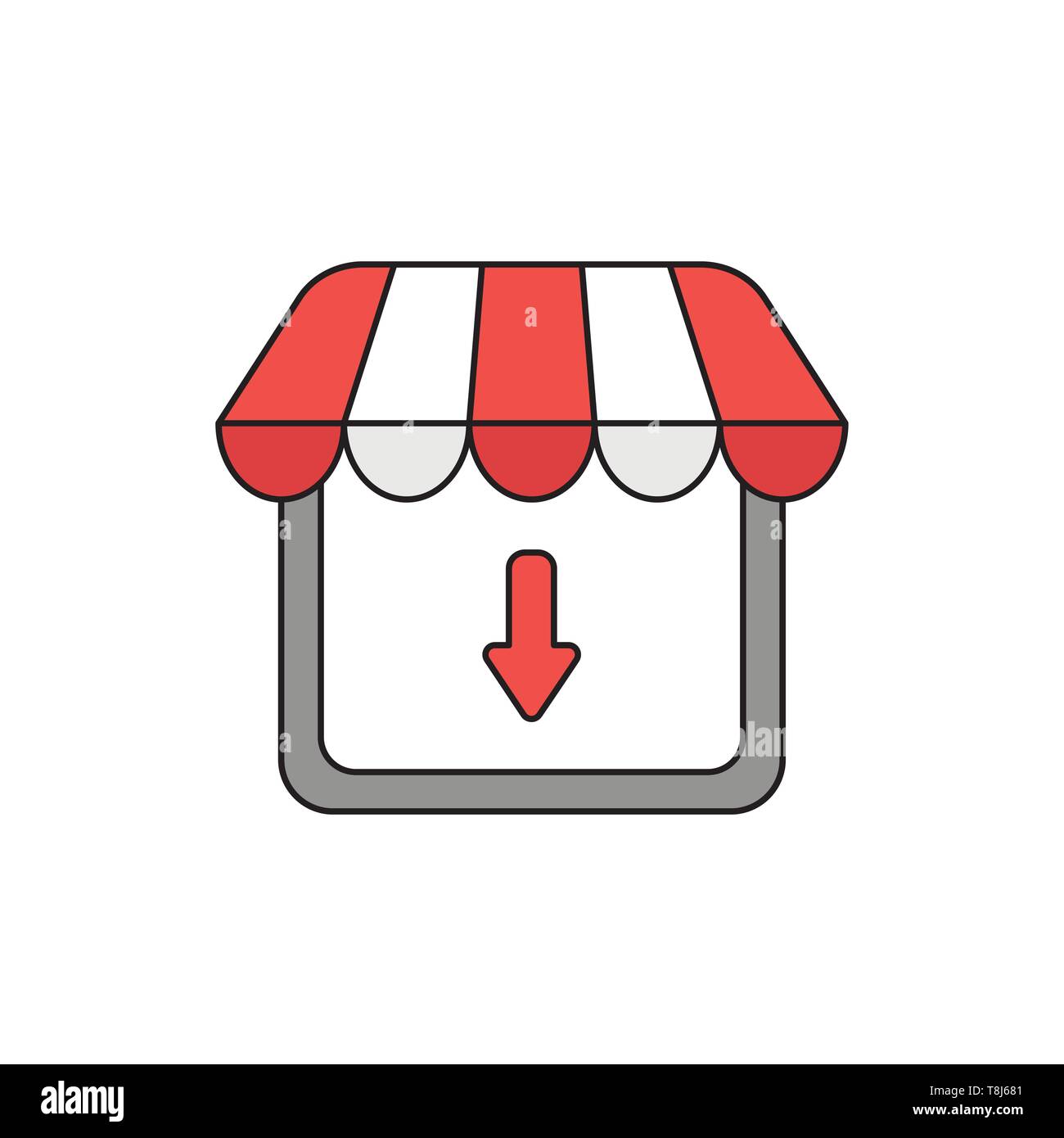 Vector icon concept of shop store with arrow moving down. Black ...