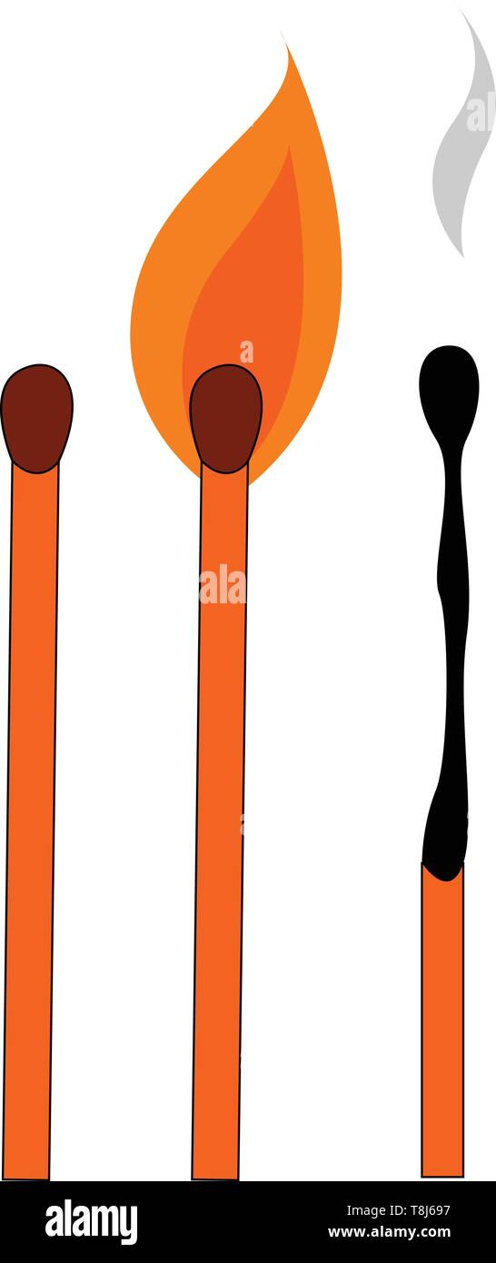 Three matchsticks, unburnt, glowing and put off aligned over white ...