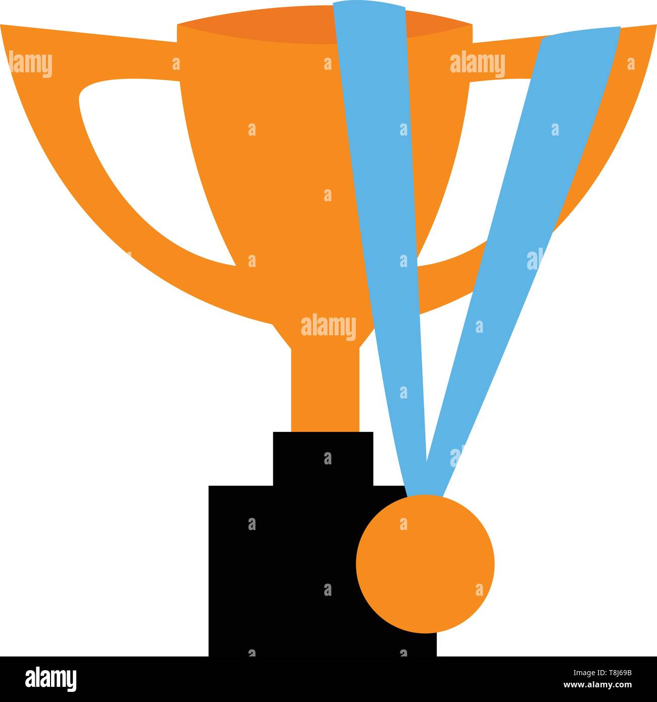 A blue medal over a golden trophy sits over white background awaiting ...
