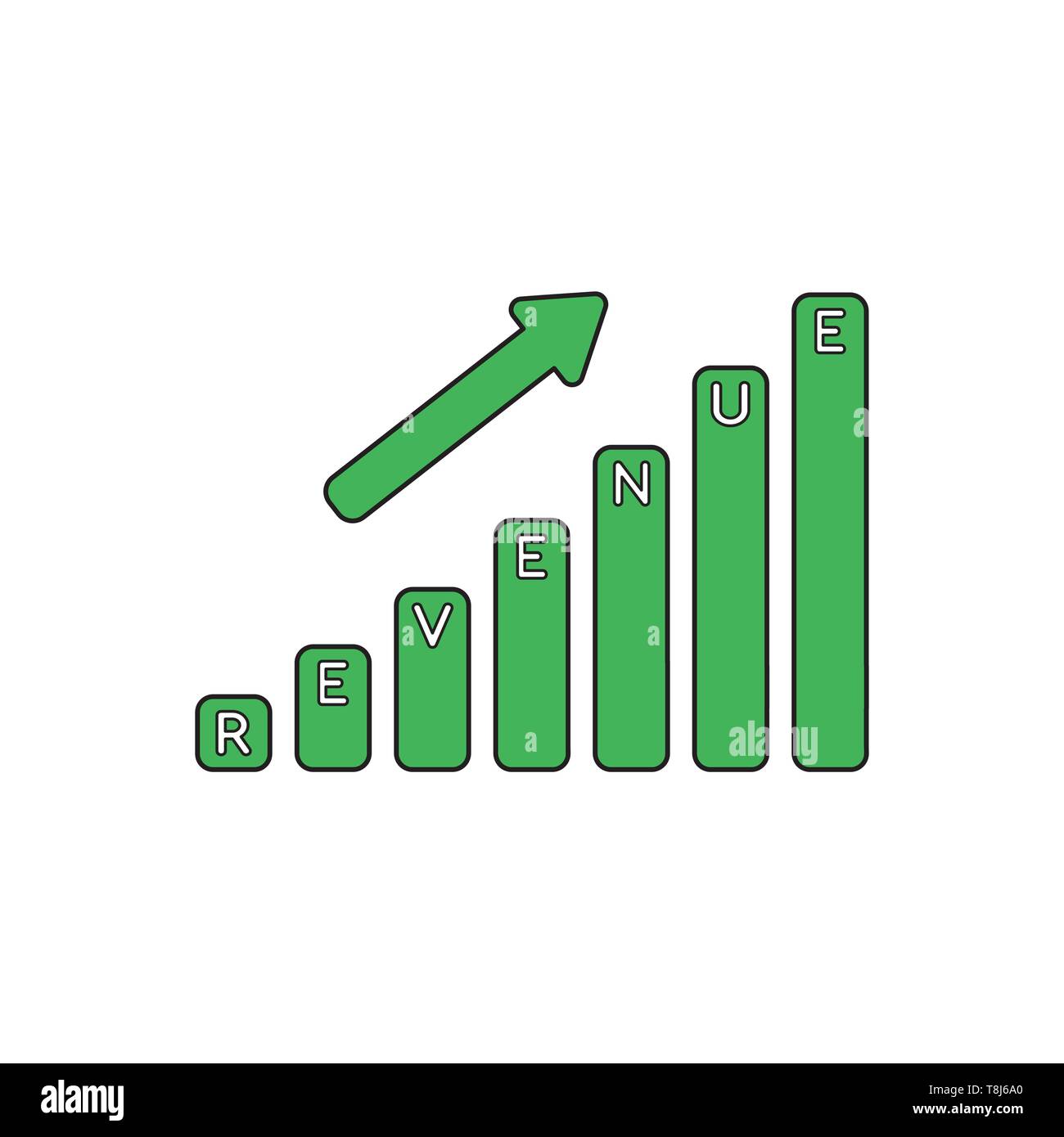 Vector icon concept of revenue sales bar graph moving up. Black ...