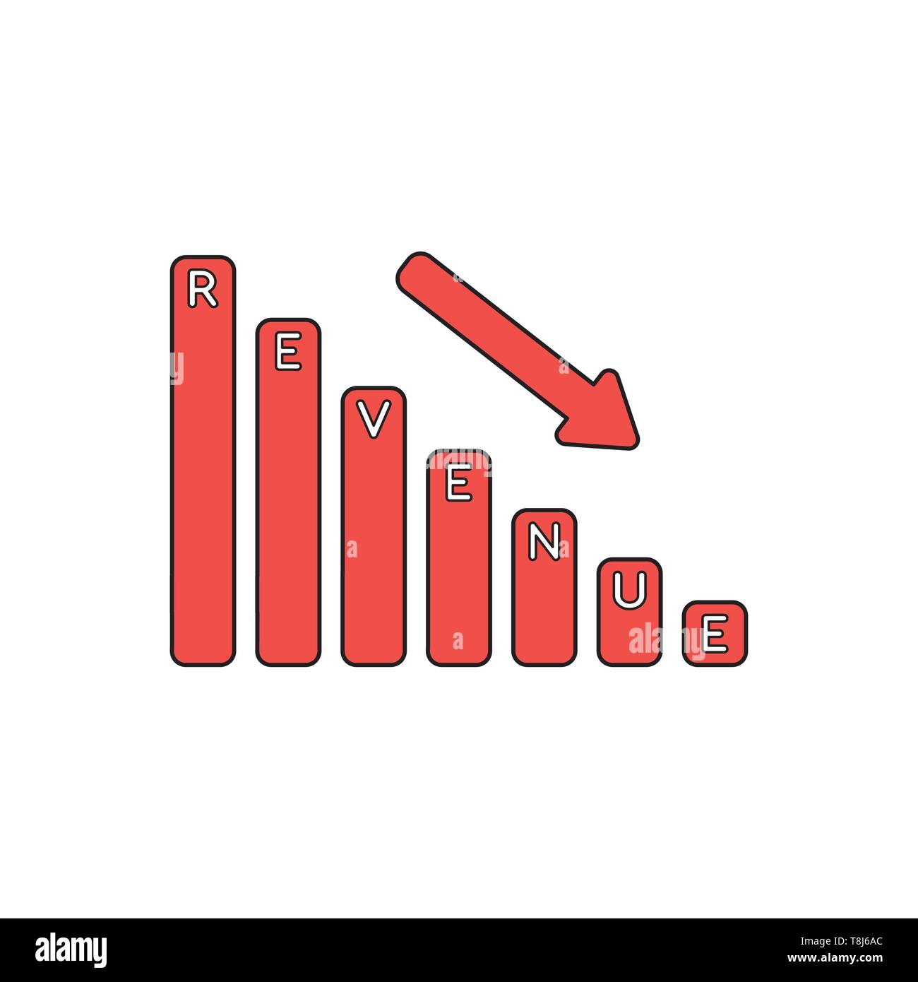 Vector icon concept of revenue sales bar graph moving down. Black ...
