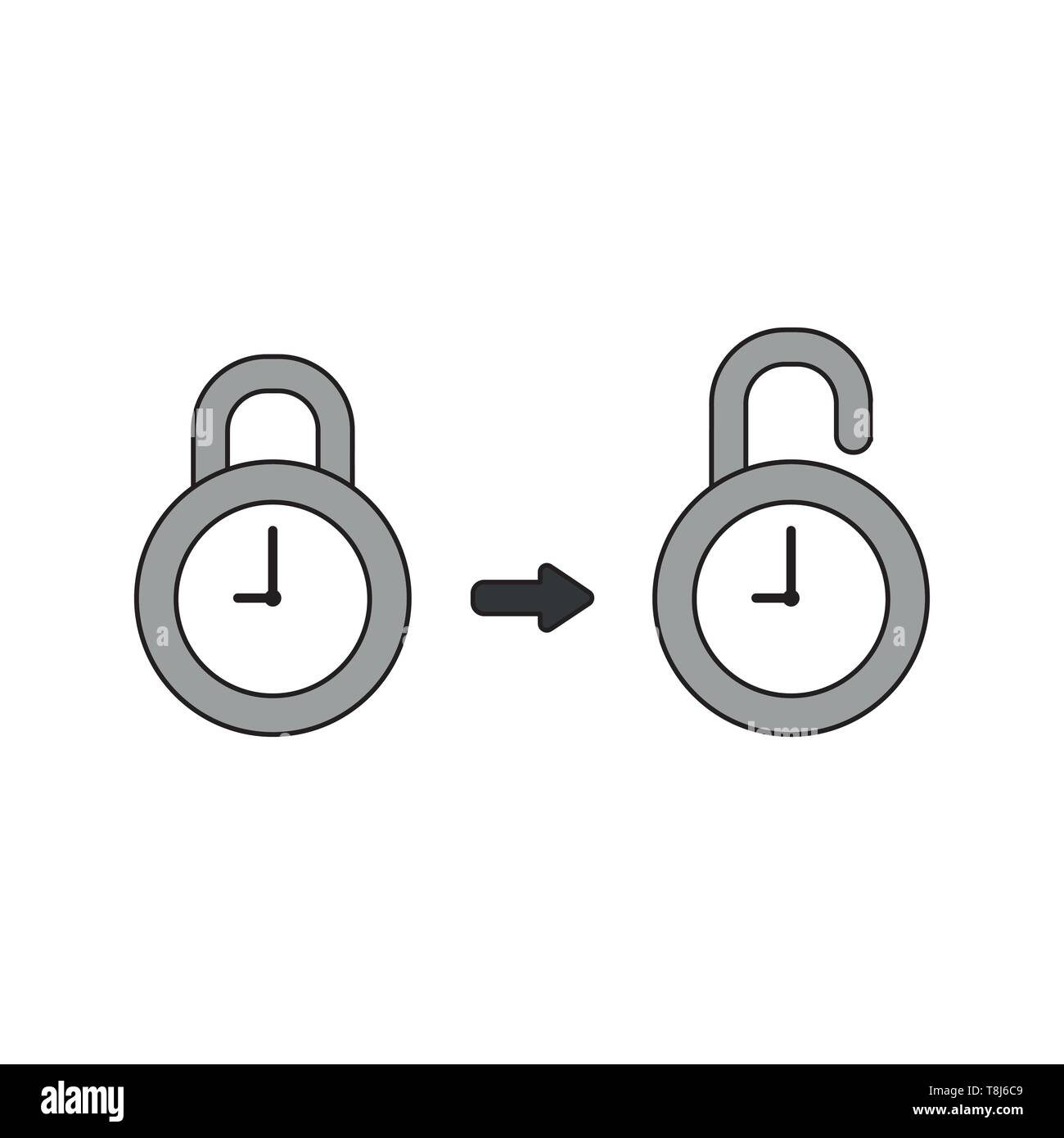 Vector icon concept of closed and opened clock padlocks. Black outlines ...