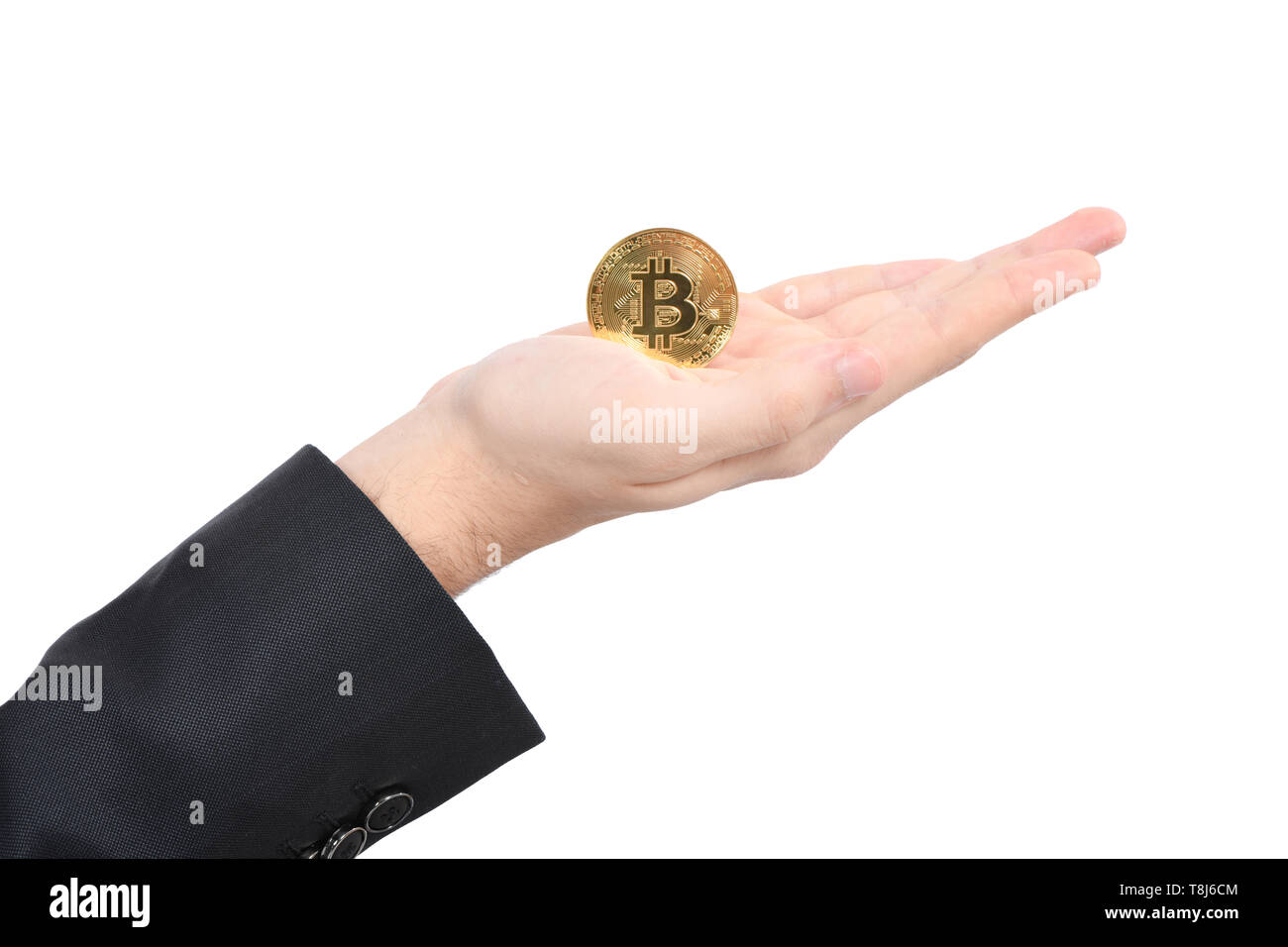 Man's hand holding golden Bitcoin on white background. High resolution ...