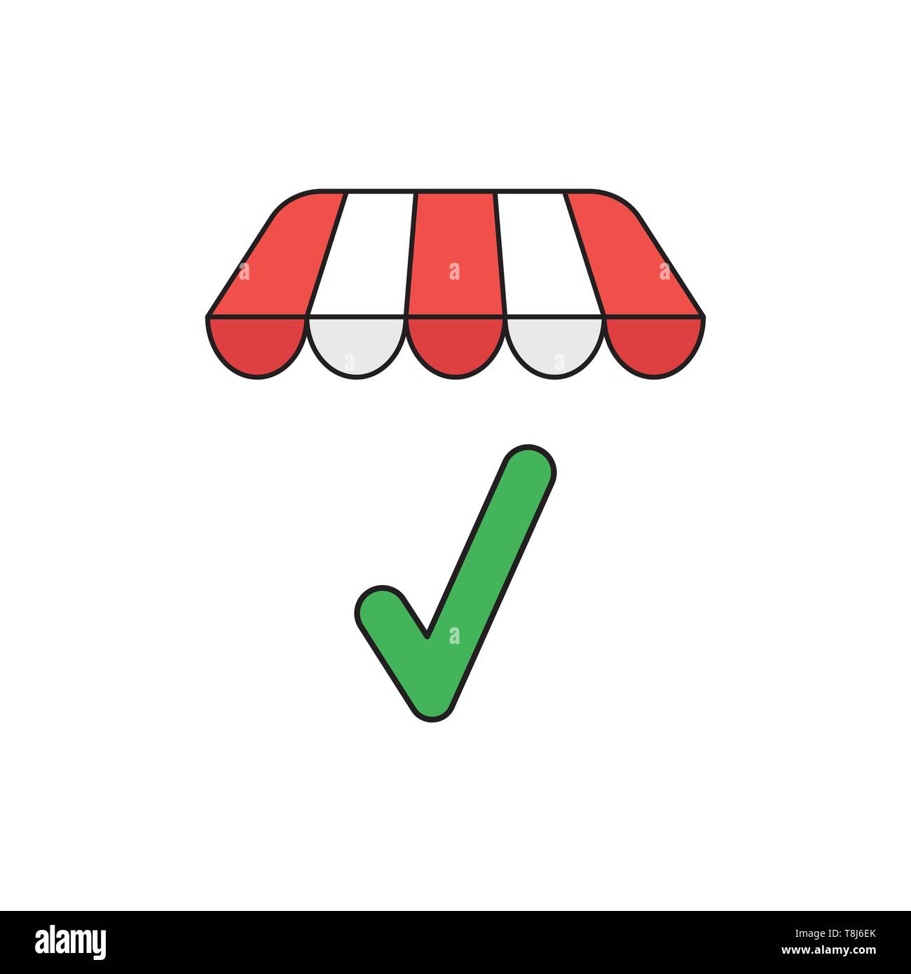 Vector icon concept of check mark under shop store roof. Black outlines ...