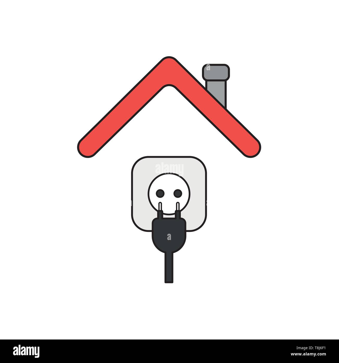 Vector icon concept of plug and outlet under house roof. Black outlines ...