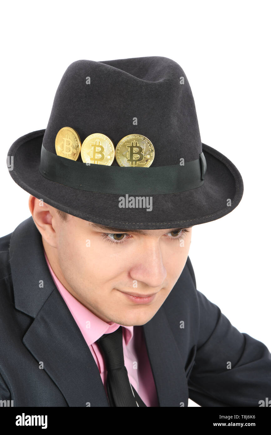 Bitcoin in a felt men's hat isolated on white background. High ...