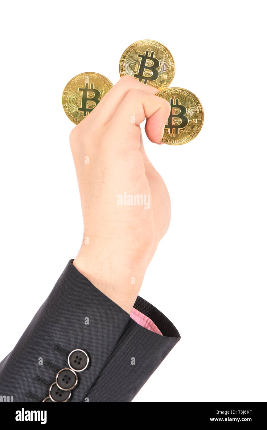 Man's hand holding golden Bitcoin on white background. High resolution ...