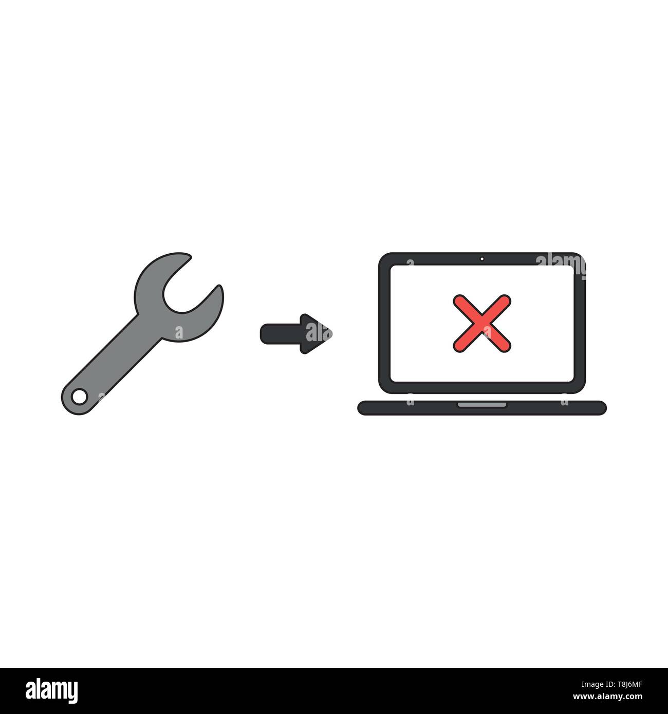 Vector icon concept of spanner with x mark inside laptop computer ...